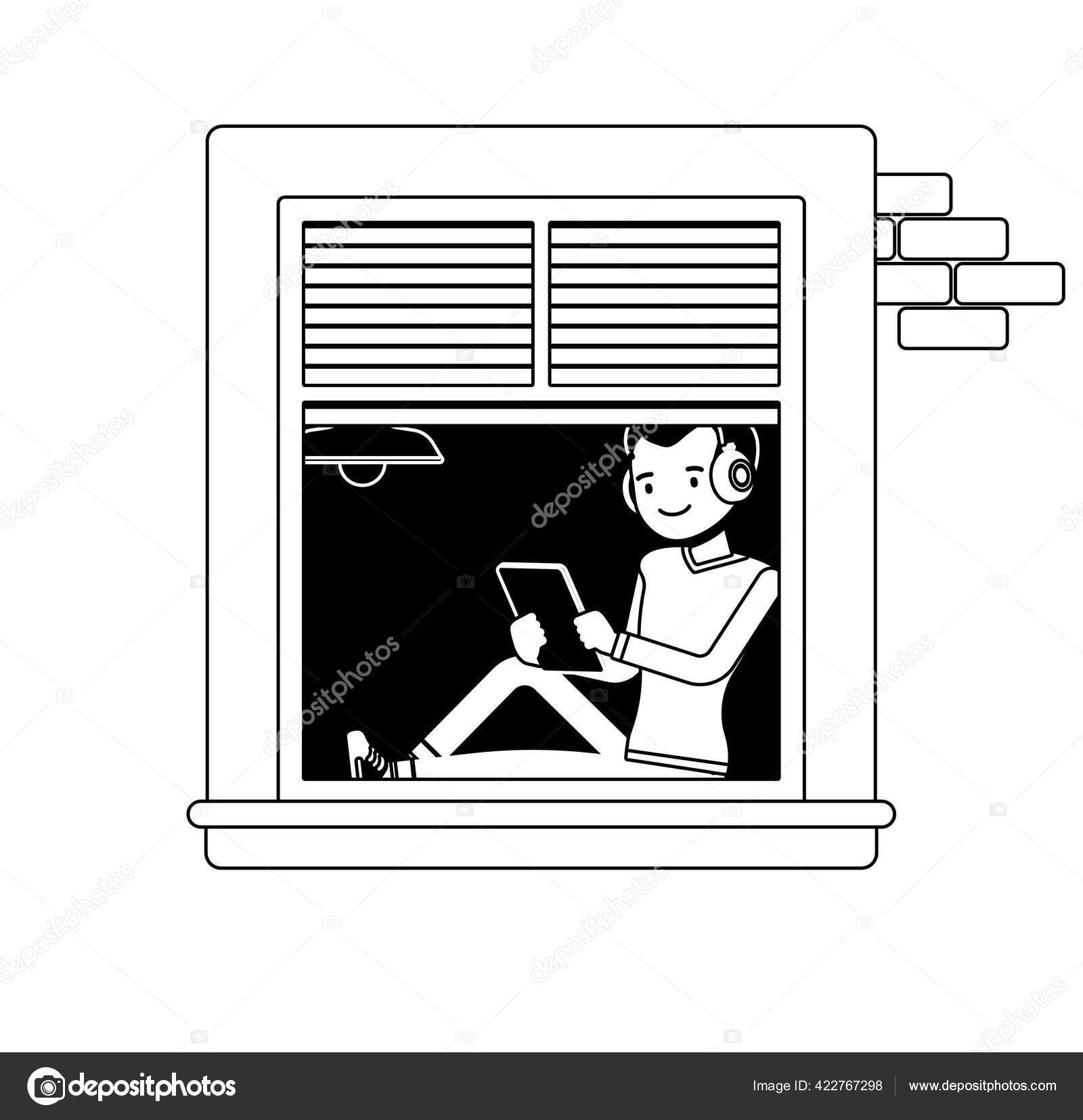 Window and a young man sitting behind with tablet. Stock Vector Image ...