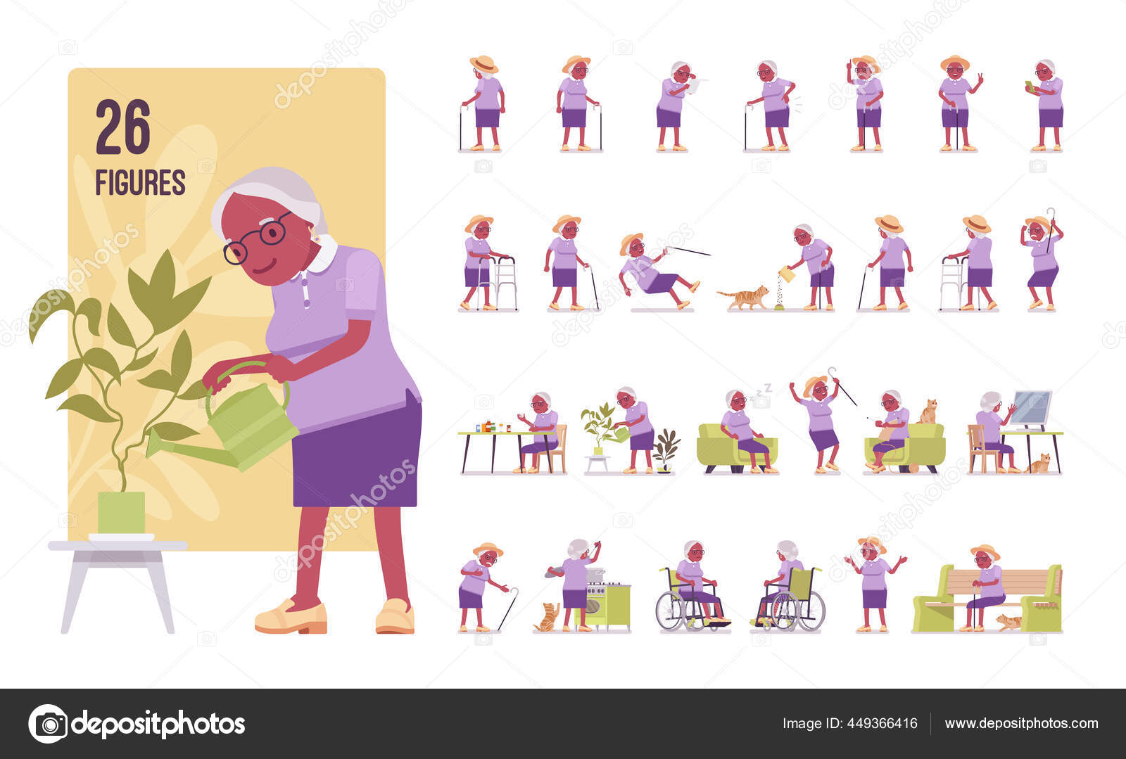 Old black woman set, elderly person with cane pose sequences Stock ...