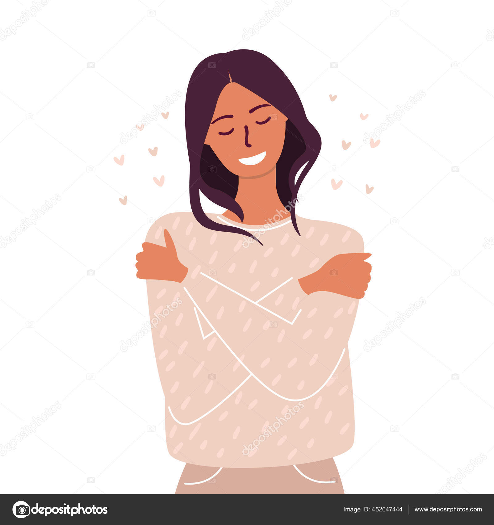 Flat Vector Cartoon Illustration Woman Hugging Herself Concept Self ...