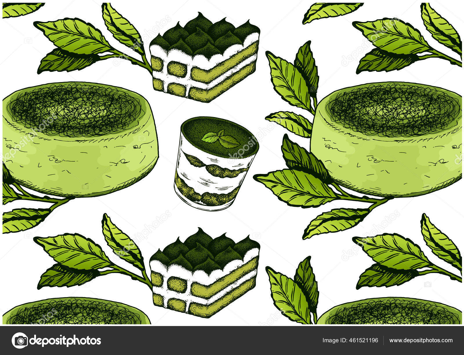 Sketch Drawing Pattern Matcha Cheesecake Tiramisu Green Tea Leaves ...