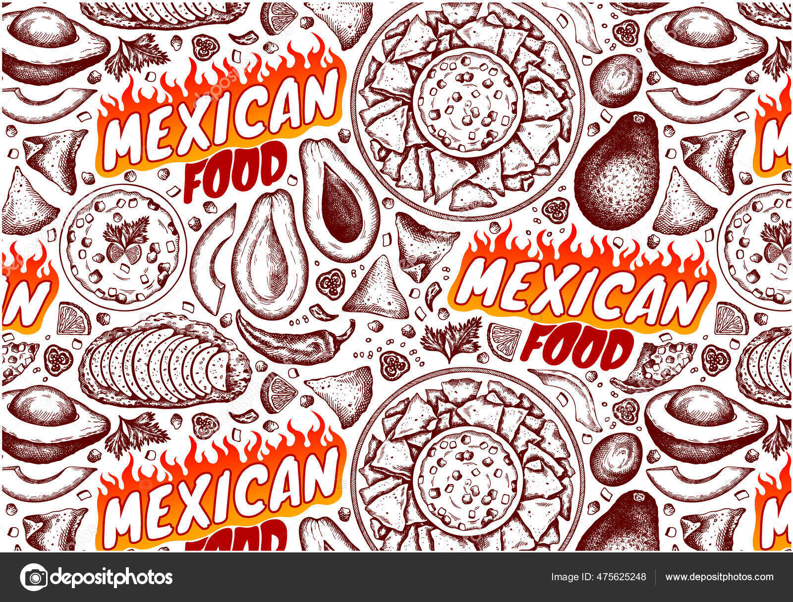 Sketch Drawing Mexican Food Pattern Nachos Hot Chili Pepper Guacamole ...