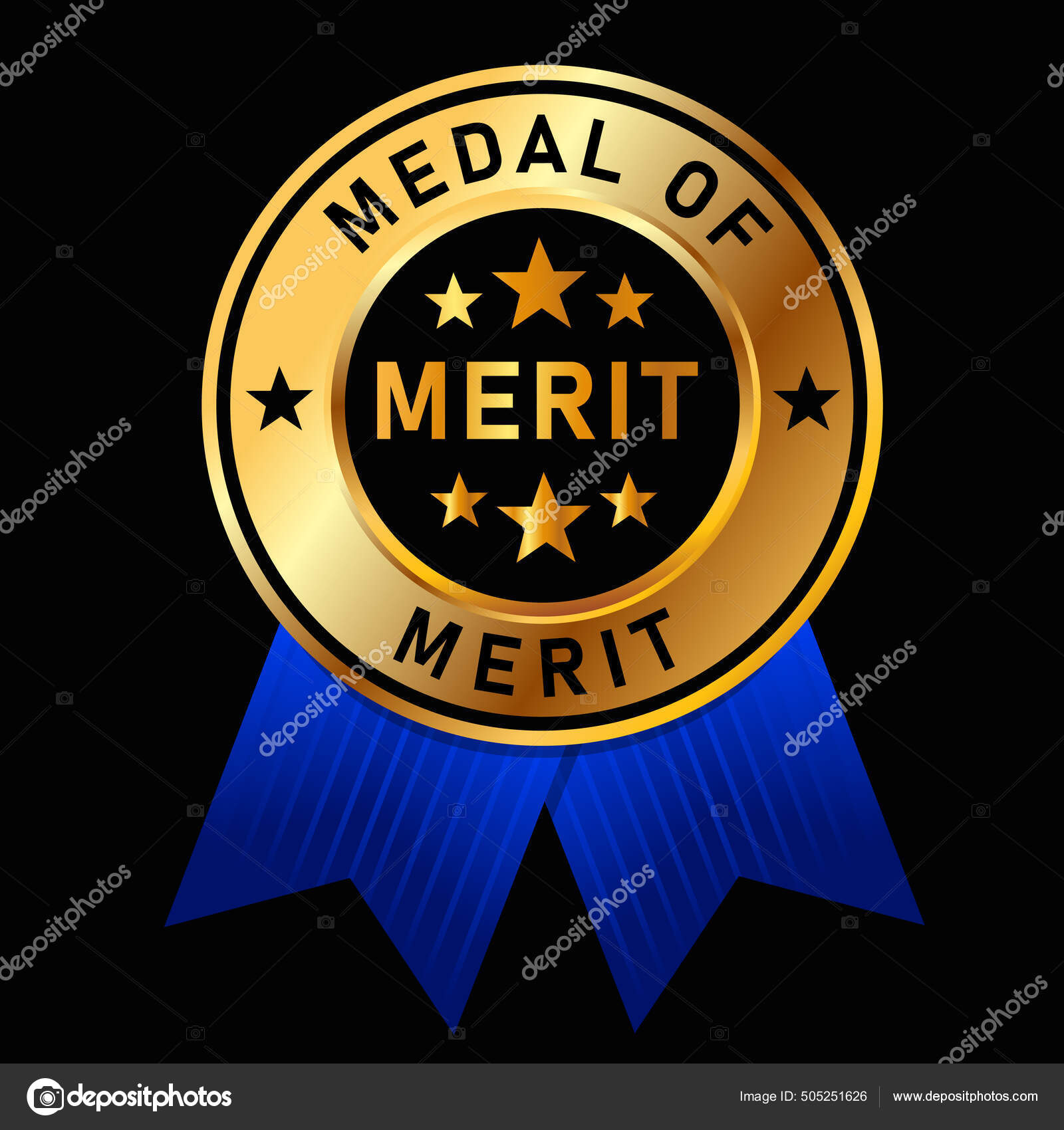 Medal of merit golden gold badge with blue ribbon achievement award ...