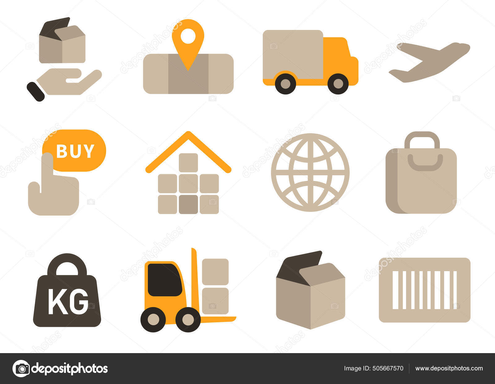 Logistics warehouse icon set package weight delivery supply chain ...