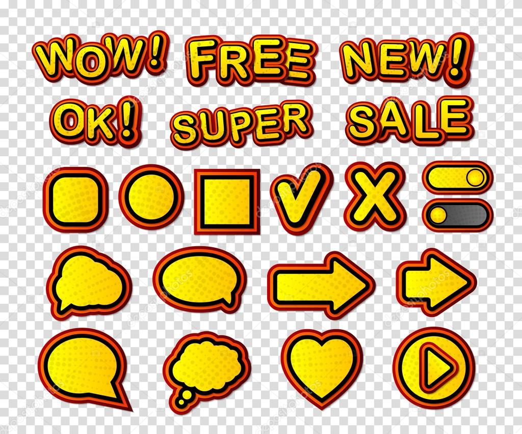 Set of comic labels and badges. Pop art style. Stock Vector Image by ...