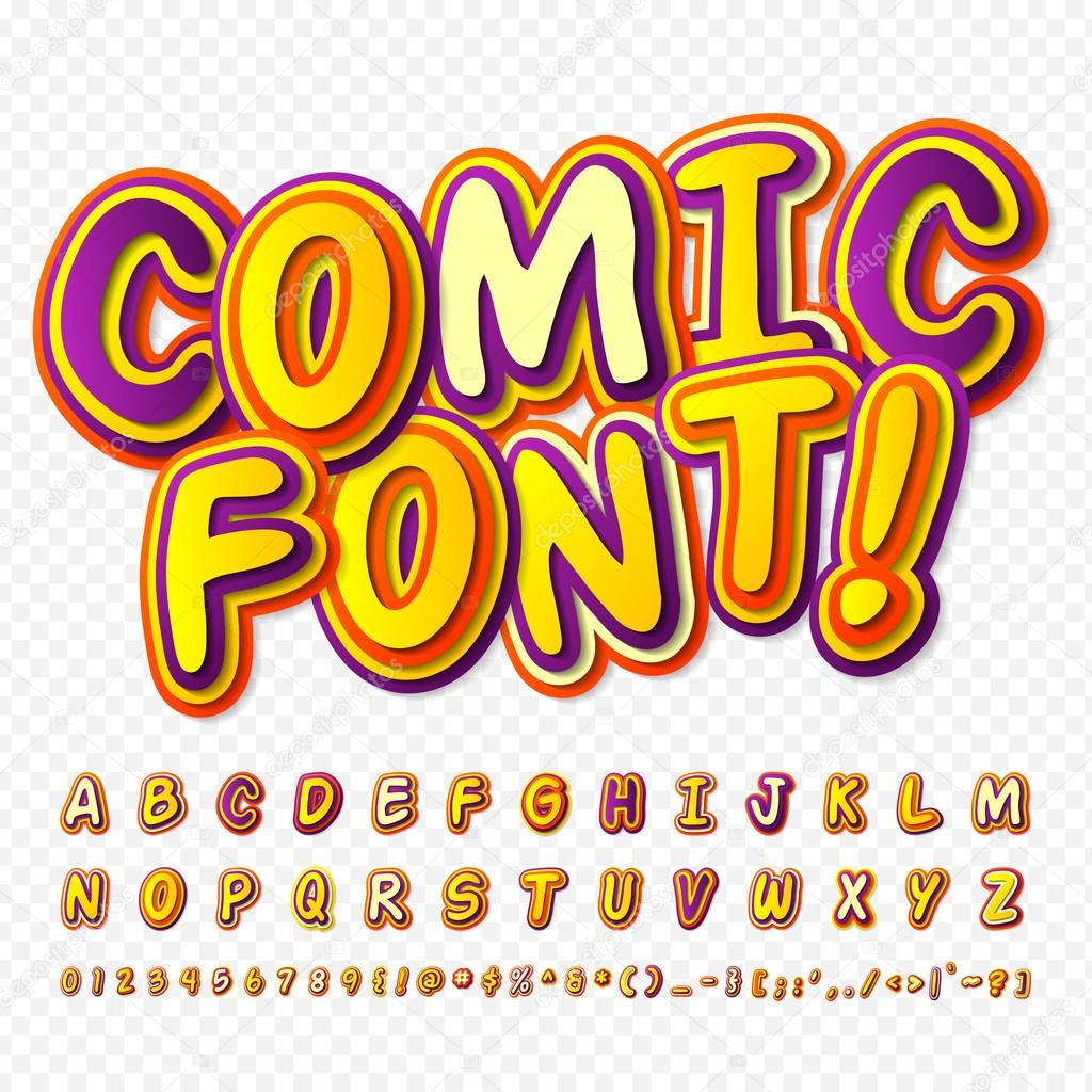 Creative yellow - purple comic font. Alphabet, comics, pop art. — Stock ...