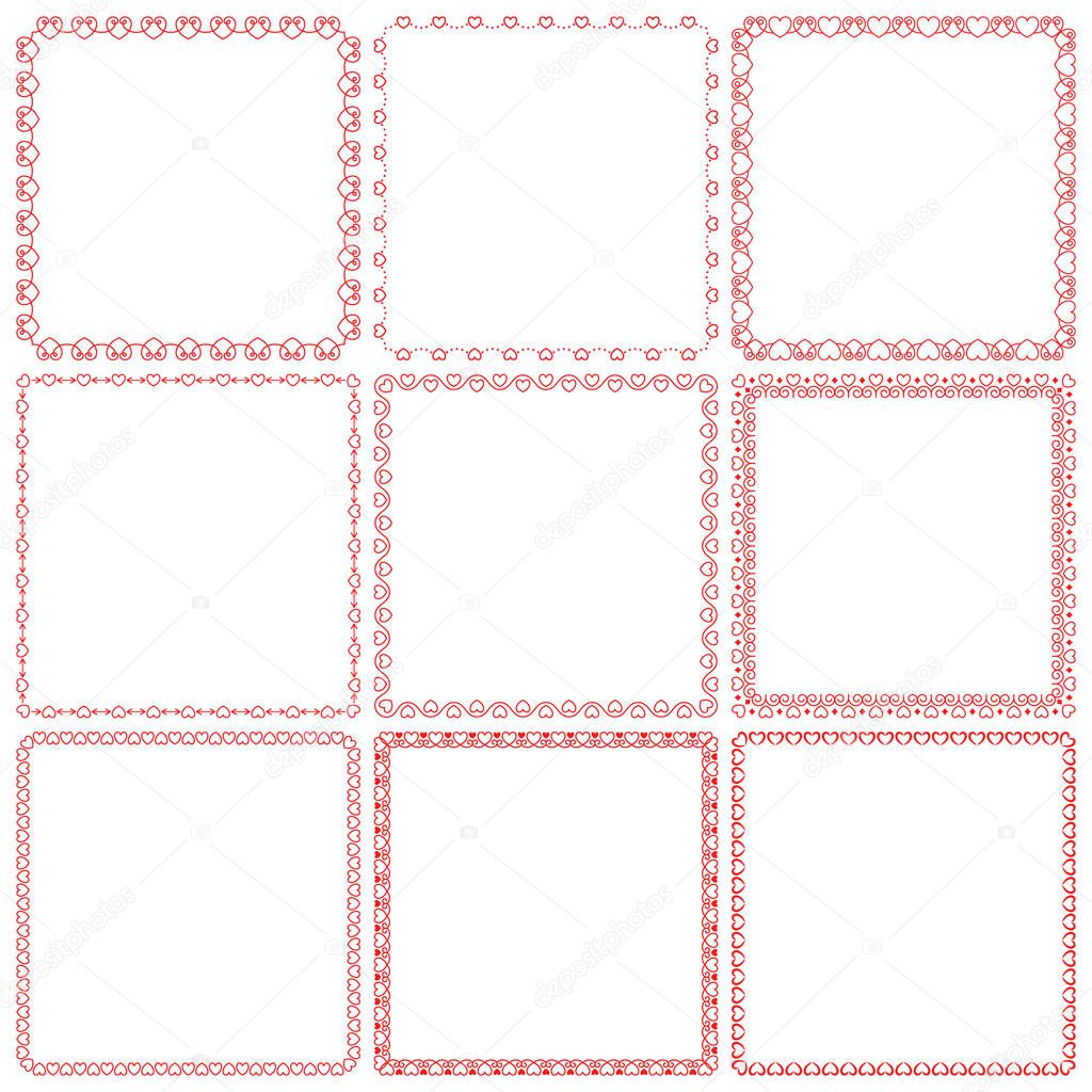 Conjunto vectorial de marcos cuadrados con corazones, rizos en estilo ...