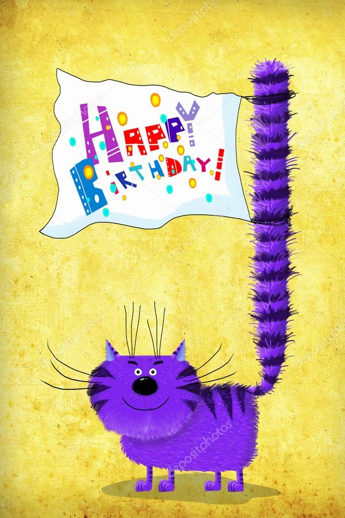 Happy Birthday Card Violet Cat With Greetings Flag — Stock Photo ...