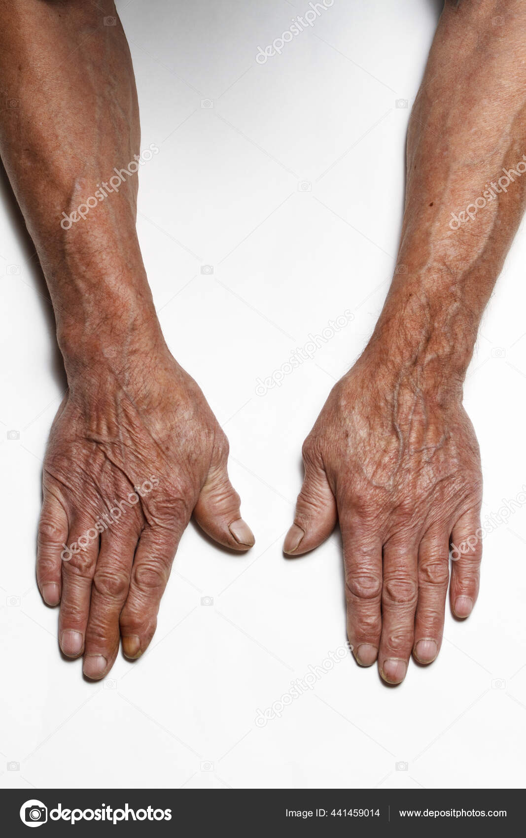 Wrinkled Hands Elderly Man Table Close Isolated White Background Top ...