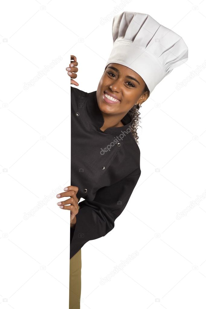 Happy woman cook or baker holding over paper sign billboard — Stock ...