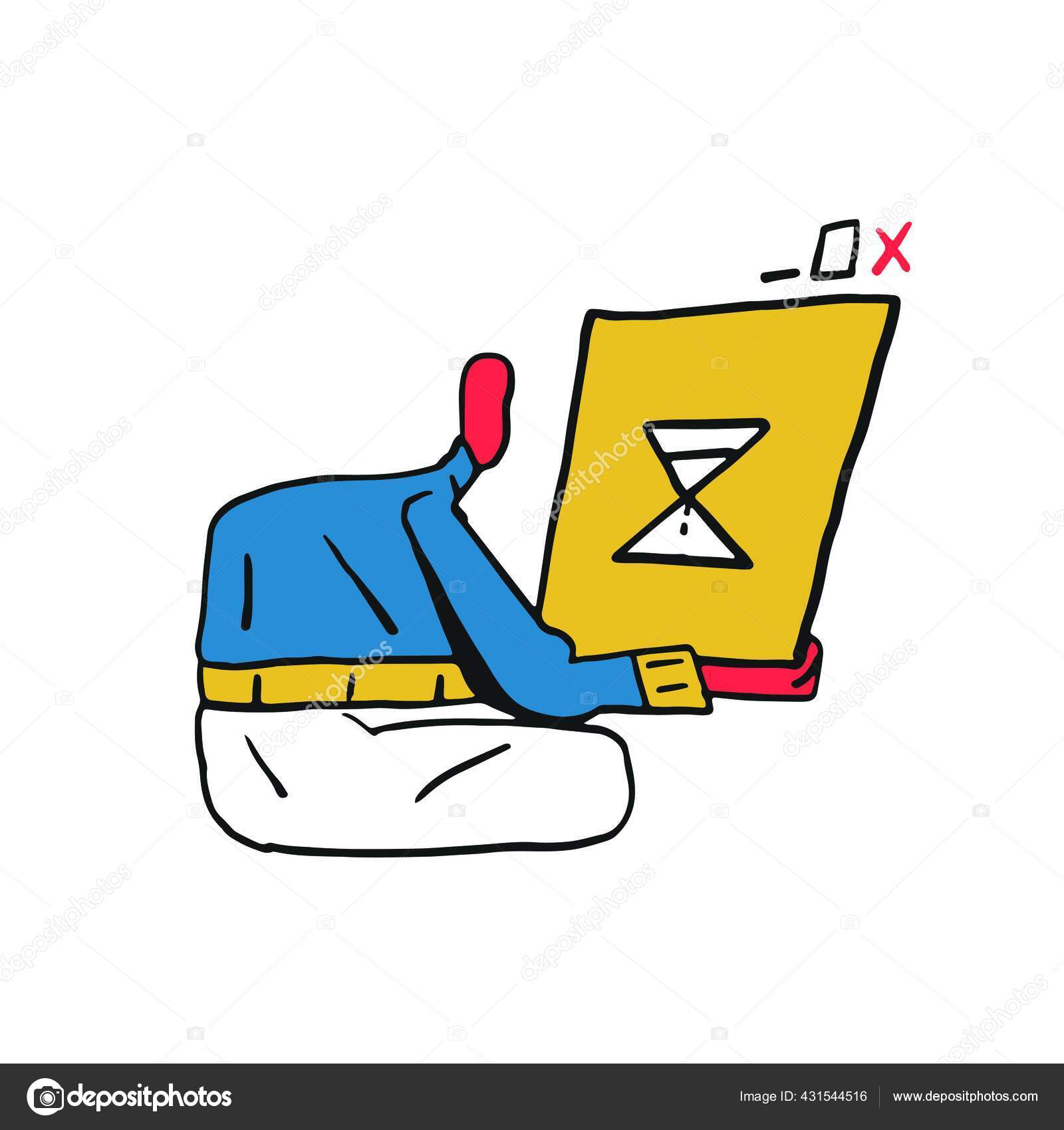 Guy Holding Waiting Screen Loading Vector Concept Yellow Blue Hand ...