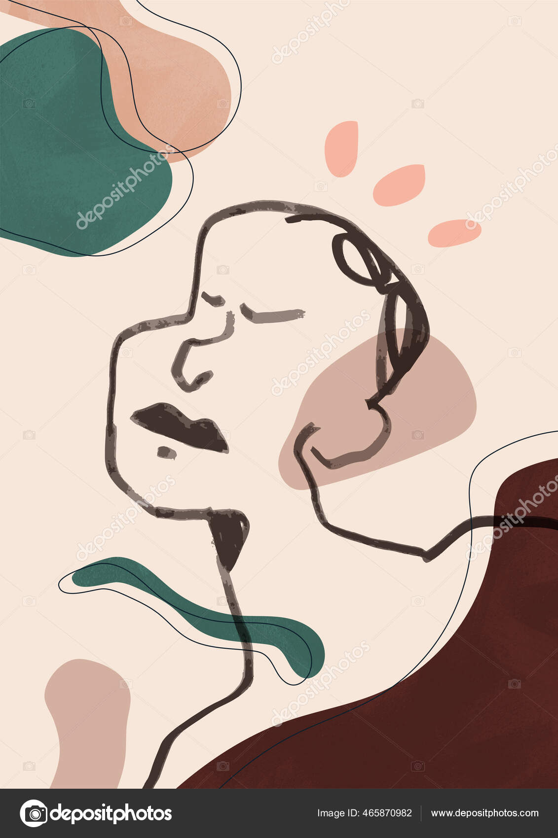 Line Art Portrait Face Shape Elements Warm Colors Modern Design Stock ...