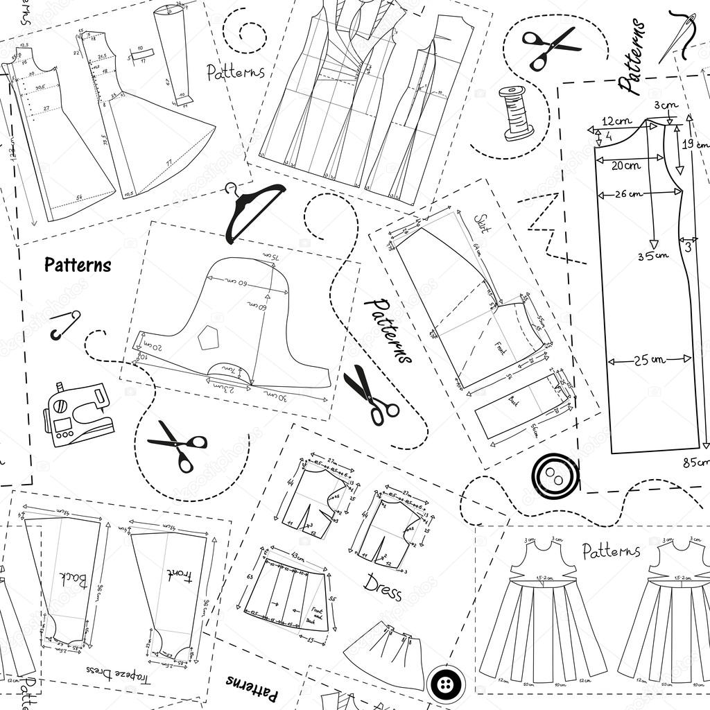 Background with patterns of women clothes and elements of sewing Stock ...