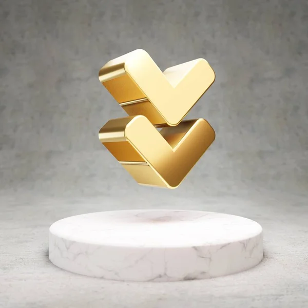 Angle Double Down icon. Gold glossy Angle Double Down symbol on white ...