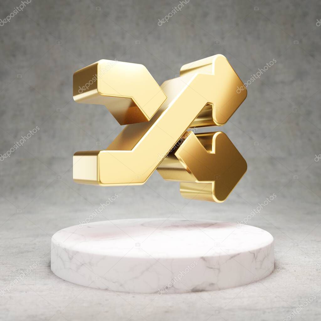Icono aleatorio. Oro brillante Símbolo aleatorio en el podio de mármol ...