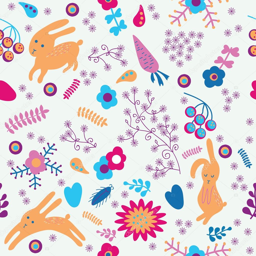 Seamless Pattern With Rabbits And Plants — Stock Vector © Yulia337