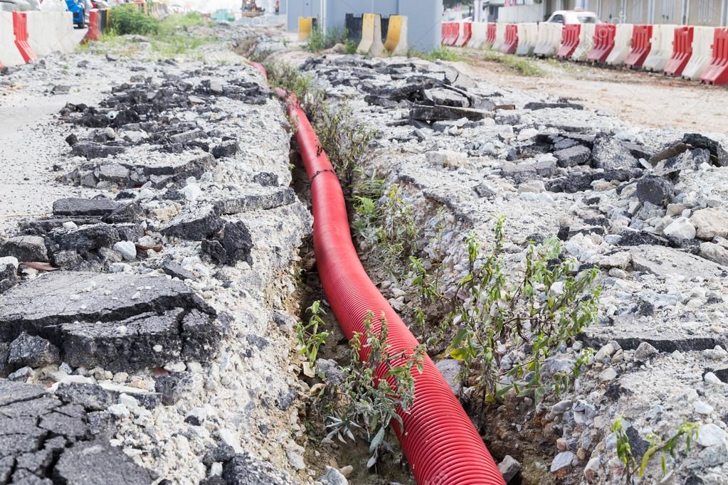 Underground trench with sewage piping at infrastructure construction ...
