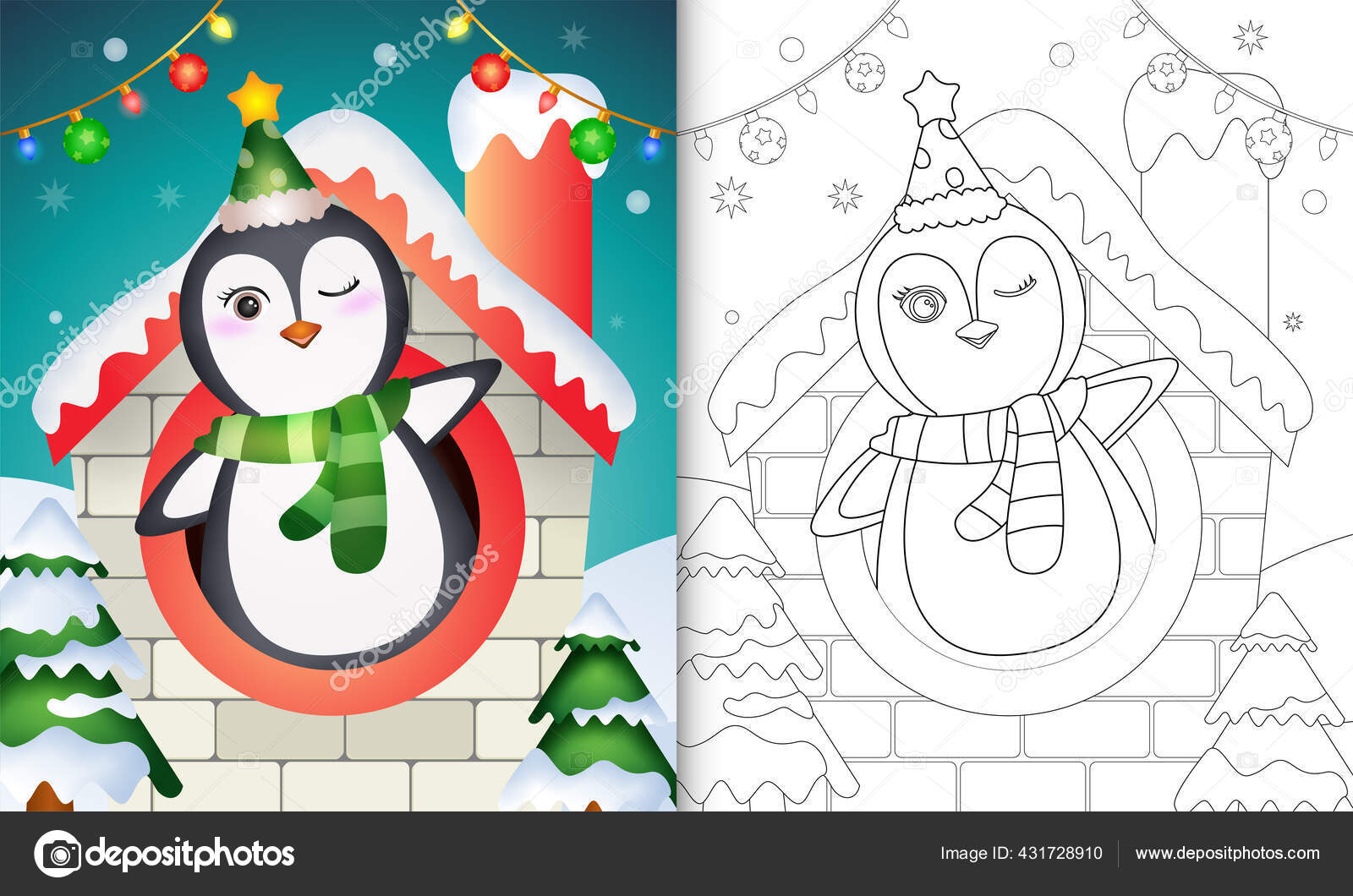 Coloring Book Cute Penguin Christmas Characters Using Hat Scarf House ...