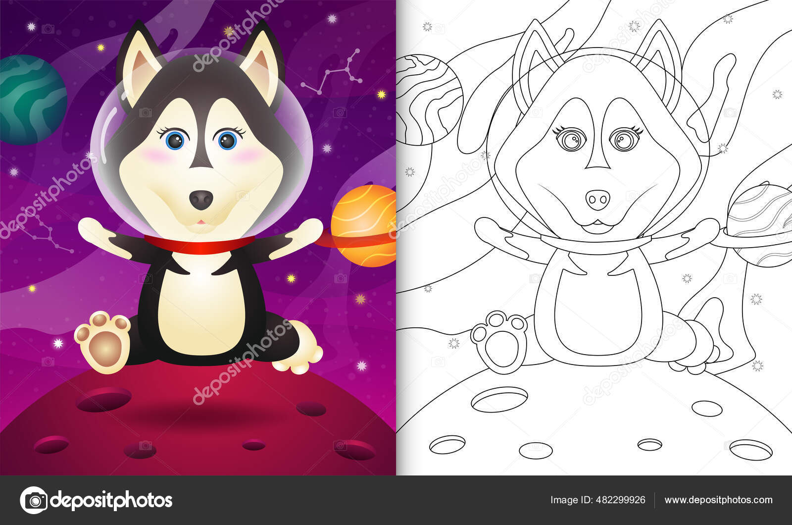 Coloring Book Kids Cute Husky Dog Space Galaxy Stock Vector by ©riko ...