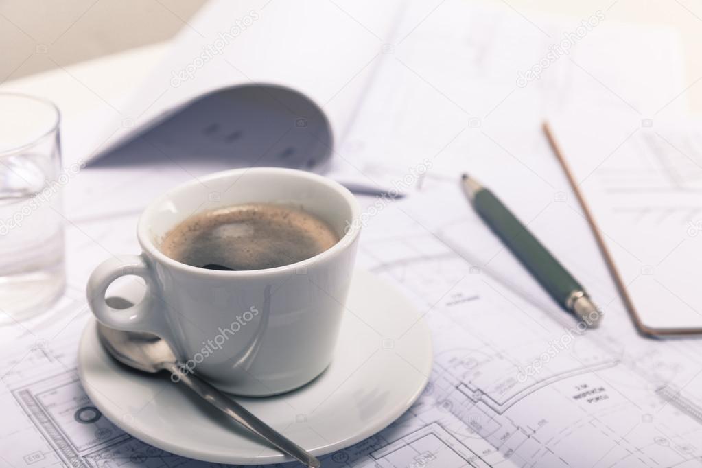 Coffee break at the architect's desktop — Stock Photo © vizualni #89811784