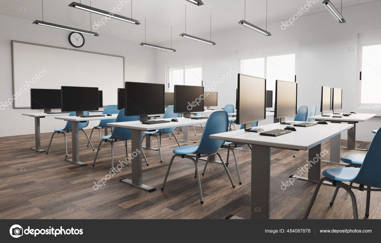 Side View Modern Classroom Computers Luminous Windows Background ...