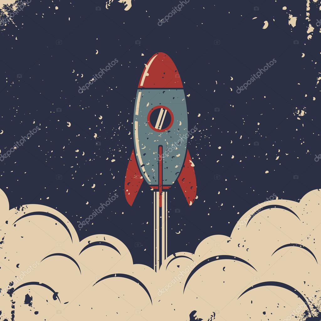 Retro rocket launch. Vector poster template. Stock Vector Image by ...