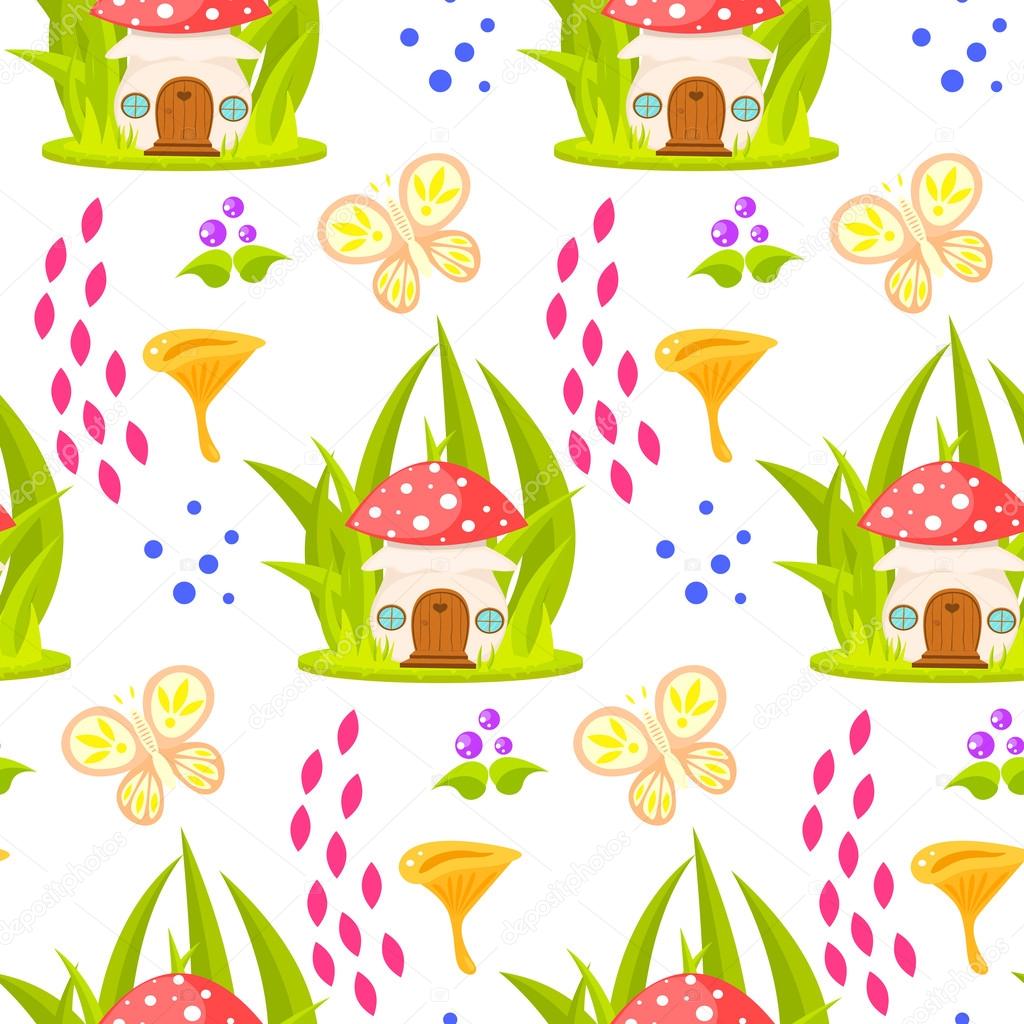 Spring forest mushroom house seamless pattern. Stock Vector Image by ...