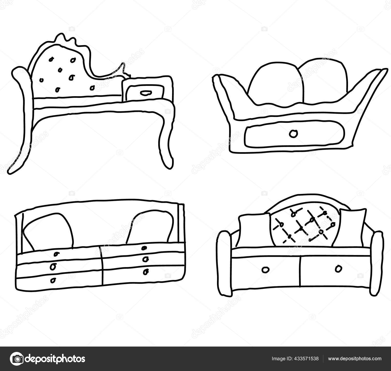 Four Sofas Drawers Drawing Doodle Style Isolated White Background ...