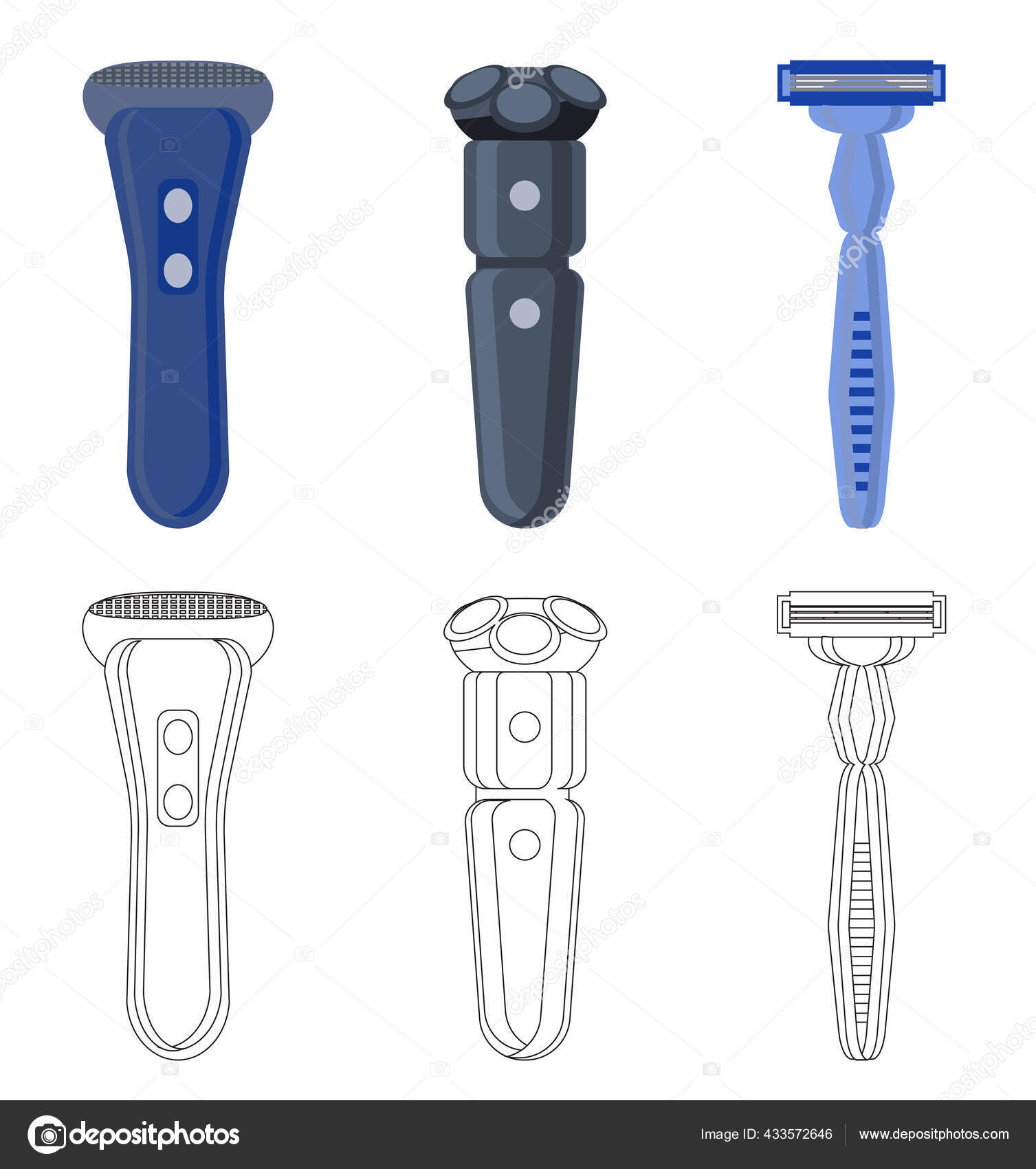 Set Razors Drawn Cartoon Linear Style Electric Straight Men's Razors ...