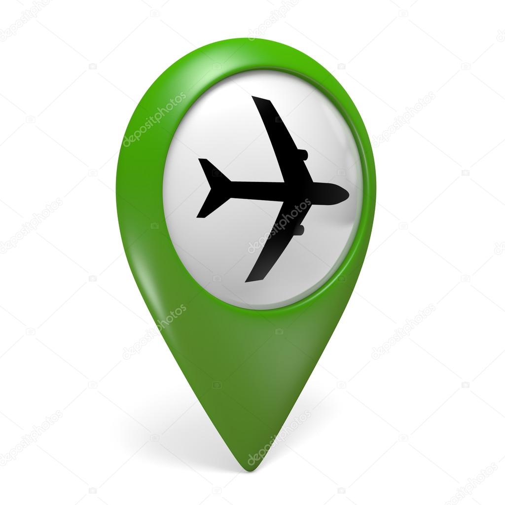 Green map pointer icon with a plane symbol for airports, 3D rendering ...