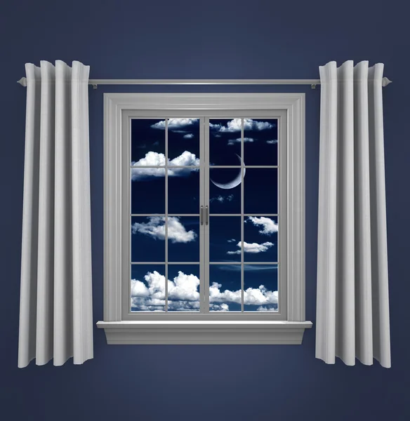 Open window with a beautiful crescent moon and clouds in a night sky ...
