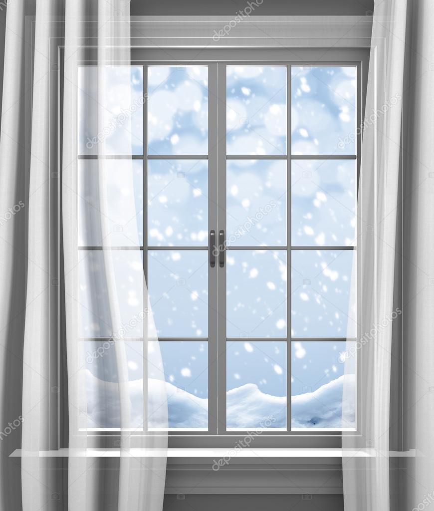 Winter snow gently falling outside the paned window of a house Stock ...