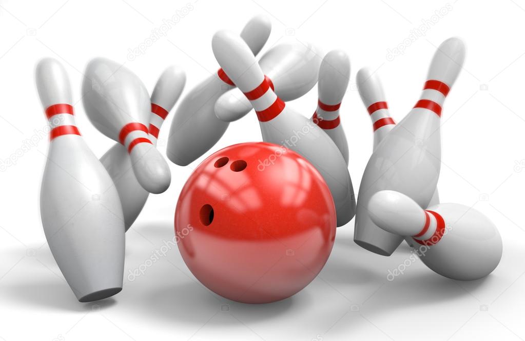 Red bowling ball knocking over pins in a perfect strike — Stock Photo ...