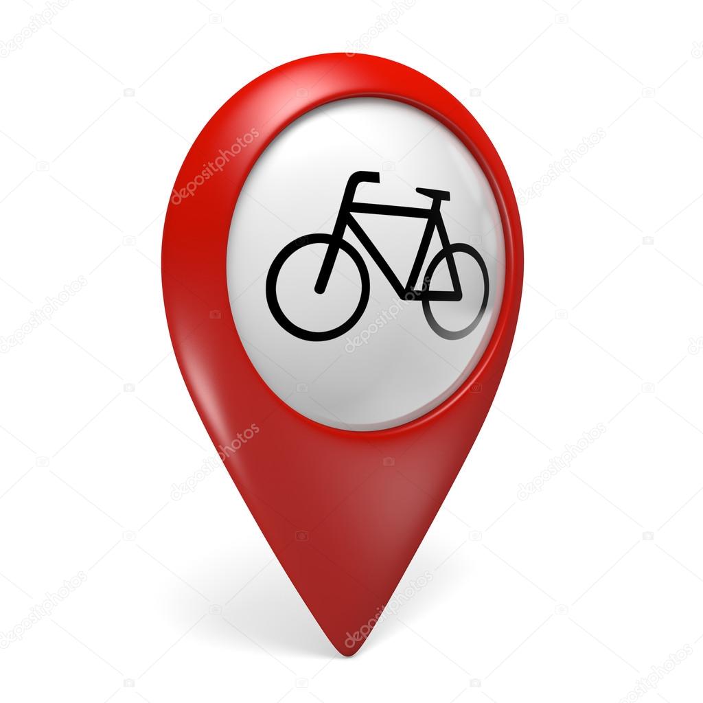 3D red map pointer icon with a bicycle symbol for bike rentals and ...