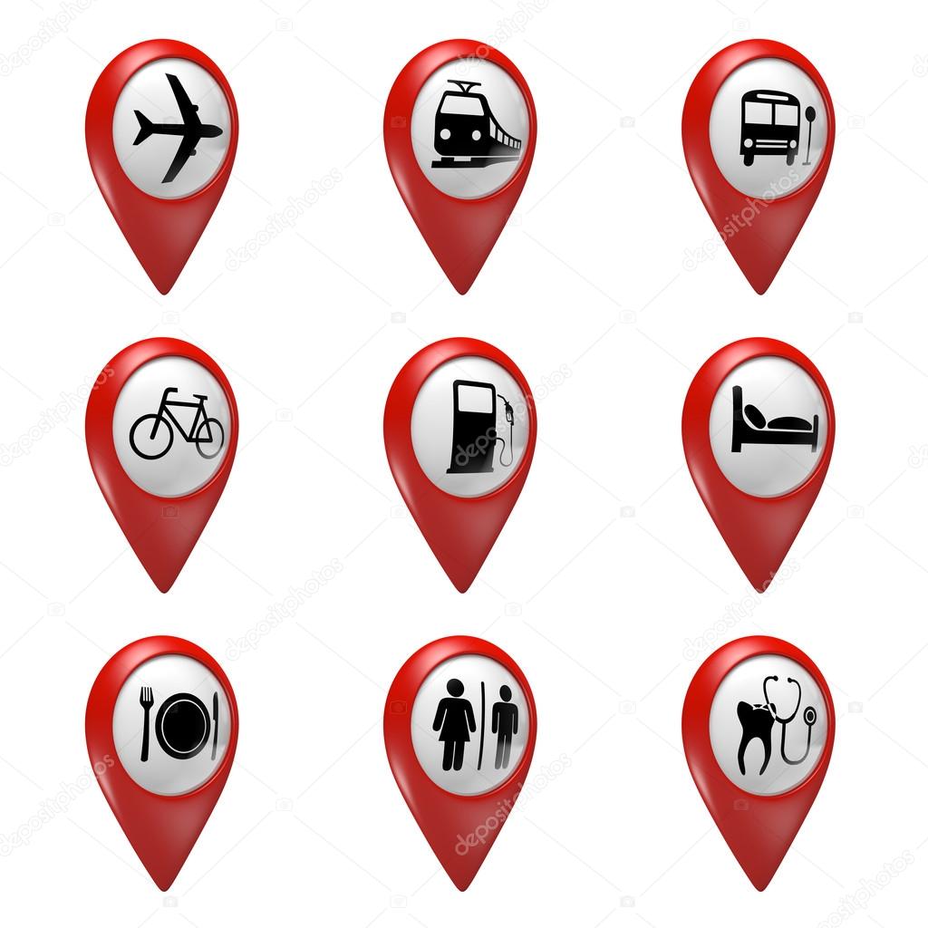 3D red map pointer icons set for transport, hotels, food, and services ...