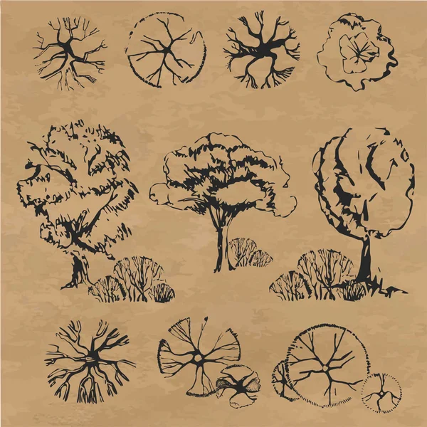 Hand drawn landscape designs | Hand drawn set. Trees top view for ... Hand drawn landscape designs | Hand drawn set. Trees top view for ...