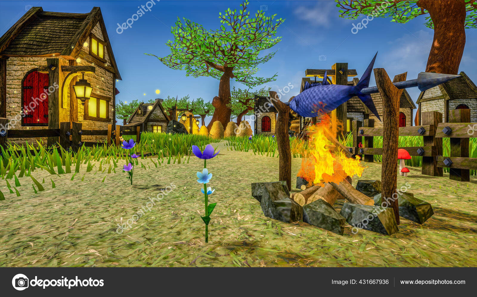 Render Pueblo Rural Lleno Naturaleza Casa Madera Granja Con Columpio ...