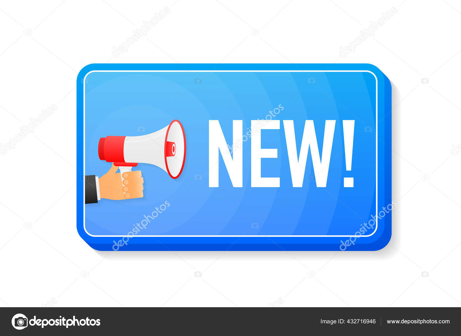 New megaphone blue banner in 3D style on white background. Hand holds loudspeacker. Vector ...