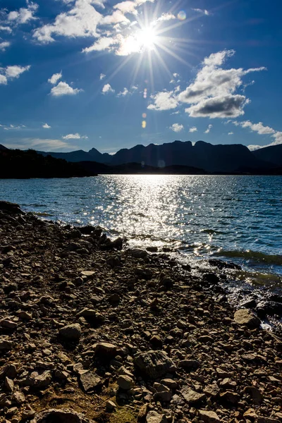 Back lit landscape of the Porma reservoir in Castilla y Leon in Spain ...