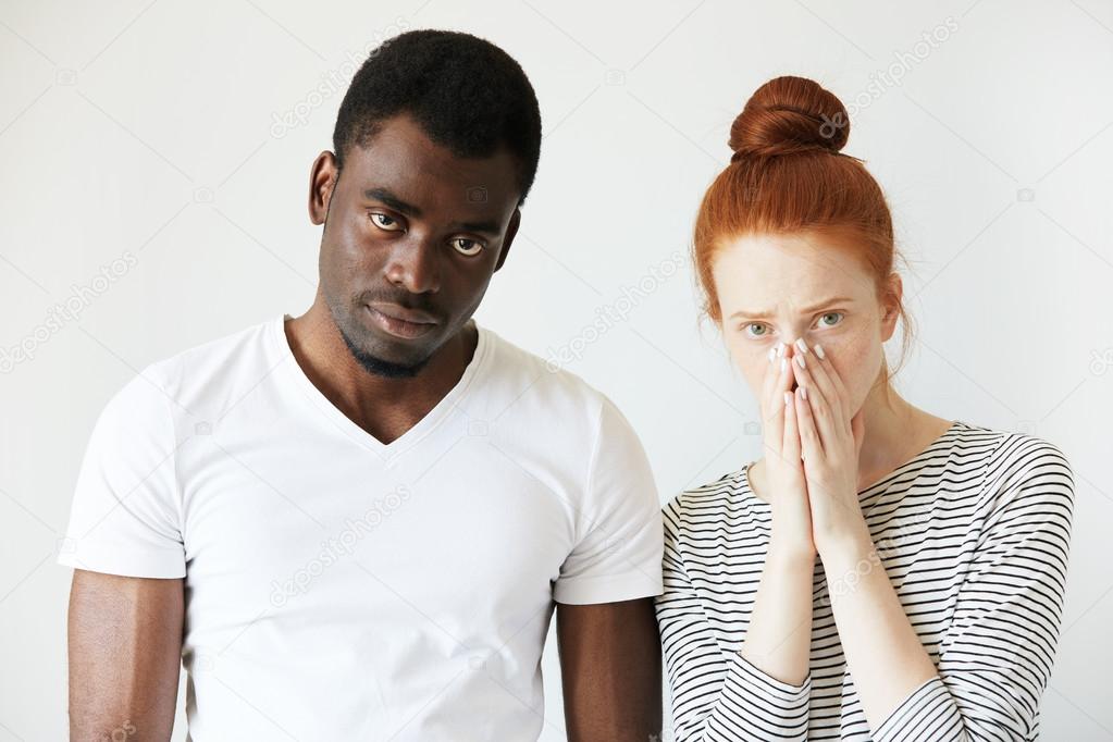 Mixed Race Relationships Interracial Couple Redhead Caucasian Woman Covering Her Face And