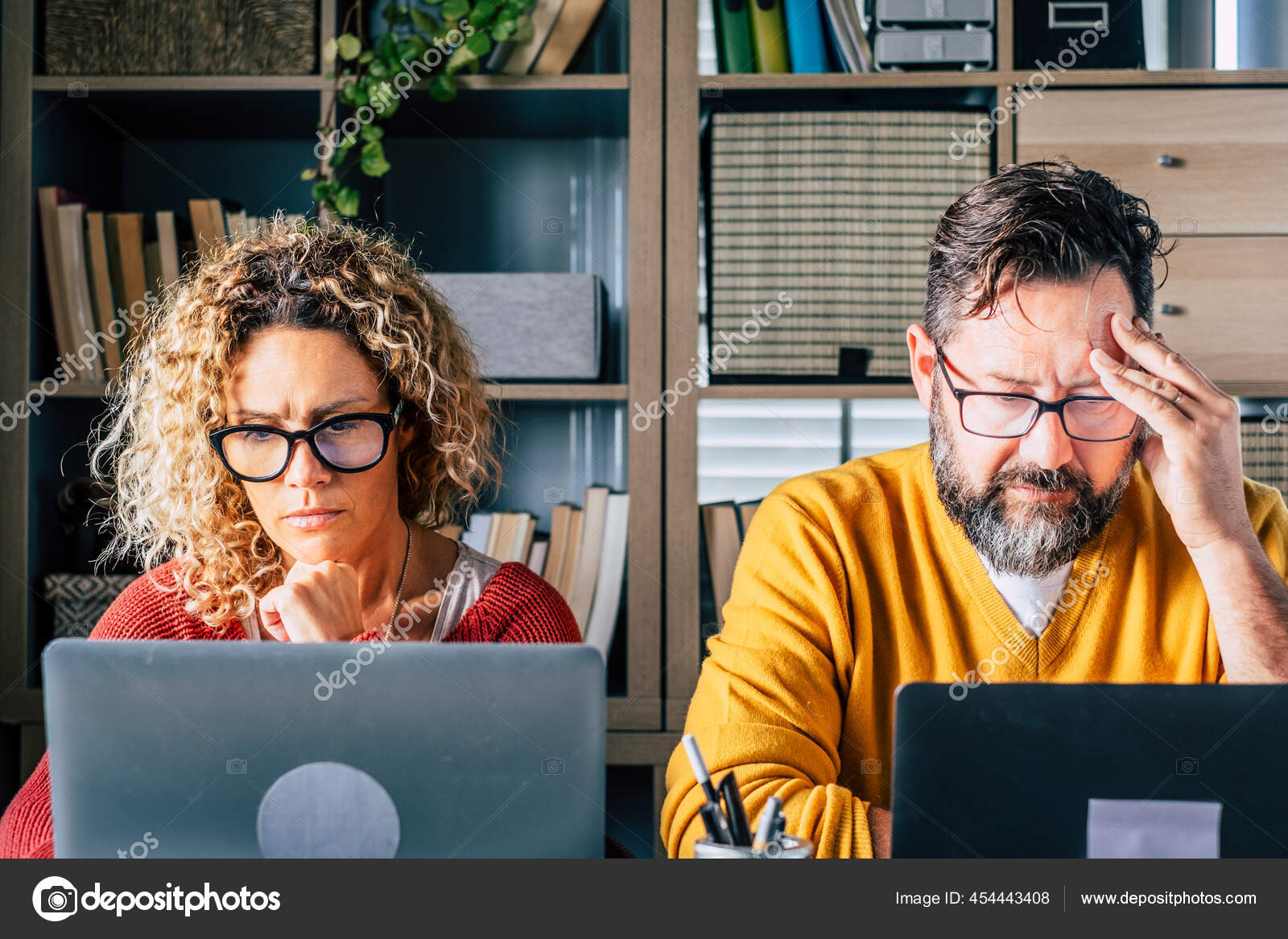 Stressed Tired Couple Work Home Laptop Internet Computer Connection ...