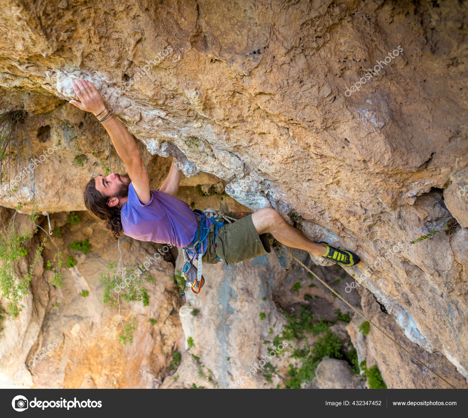 Strong Man Climbs Cliff Climber Overcomes Difficult Climbing Route ...