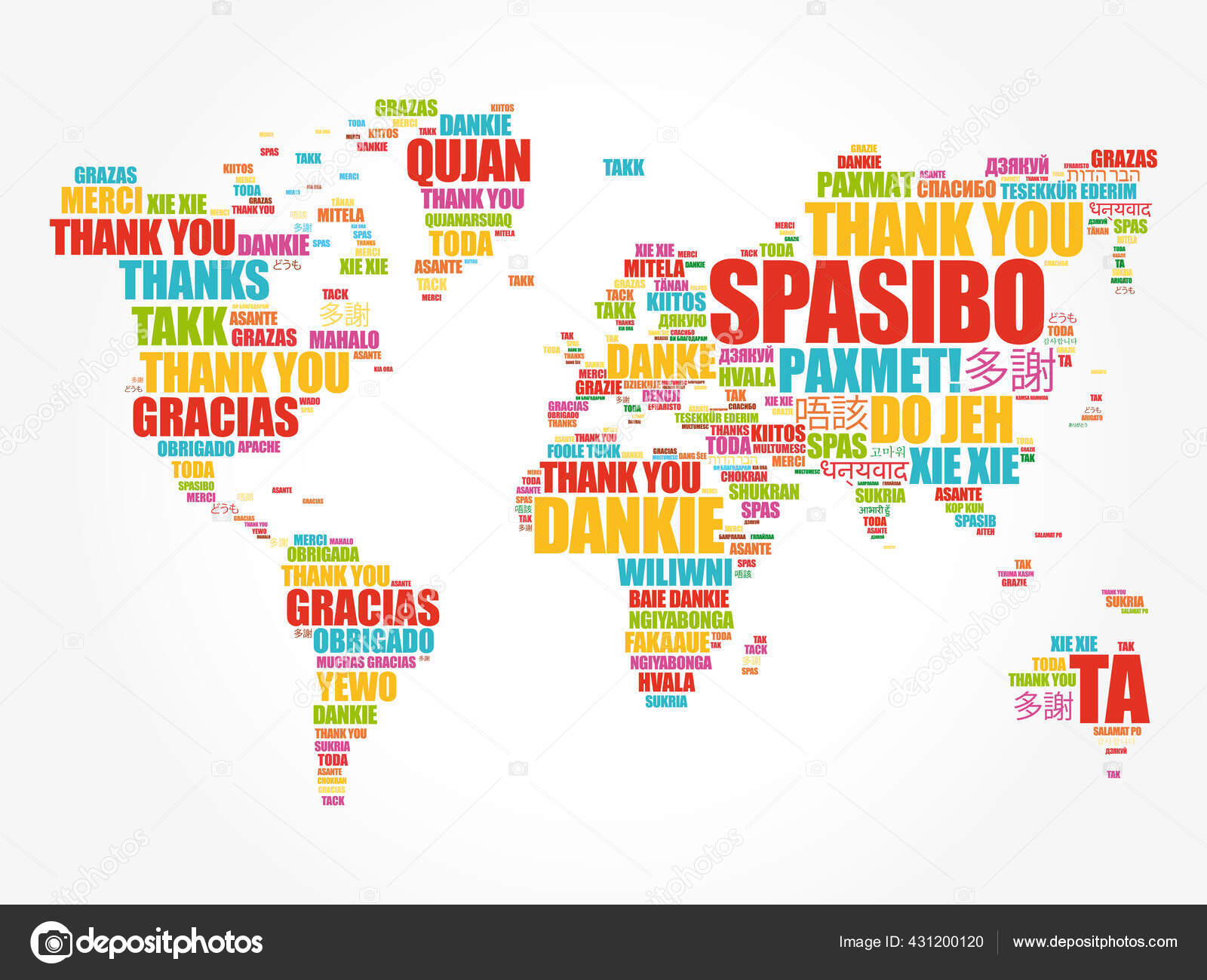 Thank You Many Languages World Map Typography Word Cloud Multilingual ...