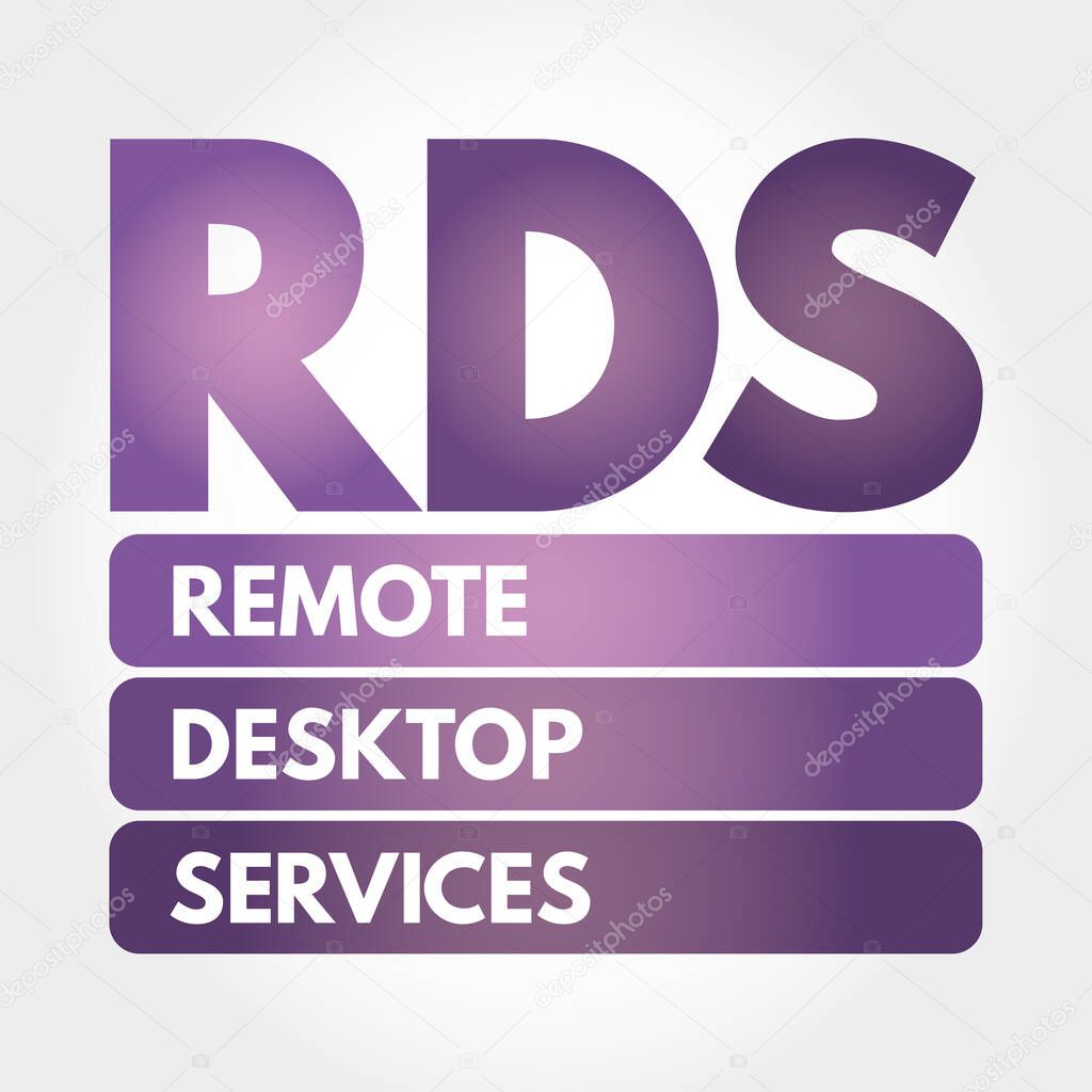 RDS - acrónimo de Servicios de Escritorio remoto, fondo de concepto de ...