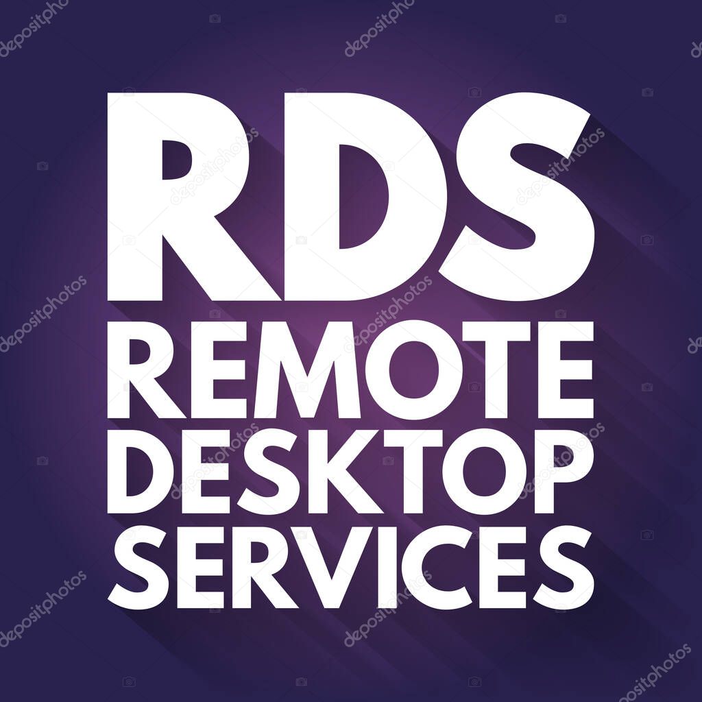 RDS - acrónimo de Servicios de Escritorio remoto, fondo de concepto de ...