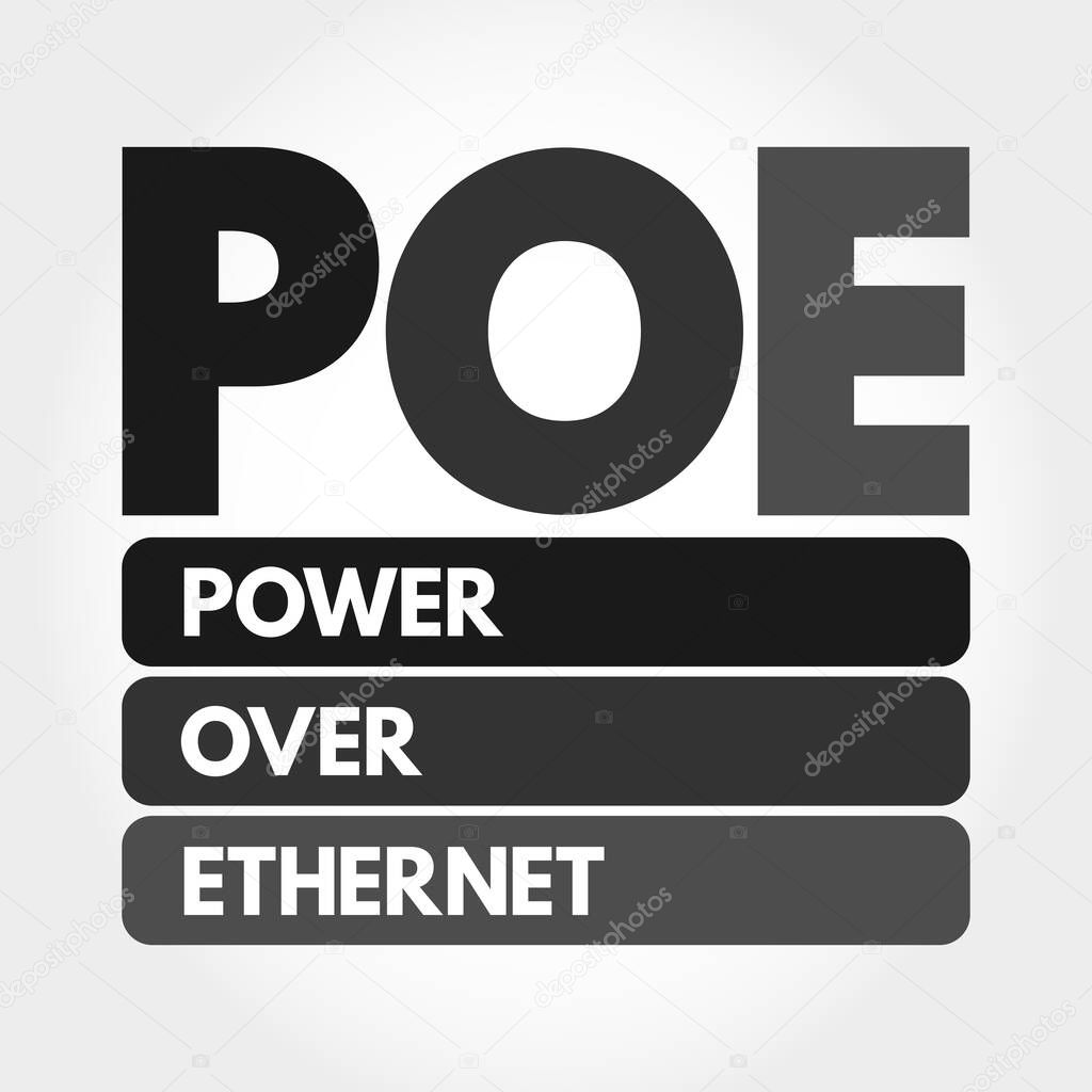 PoE: acrónimo de Power Over Ethernet, fondo de concepto de tecnología 2024