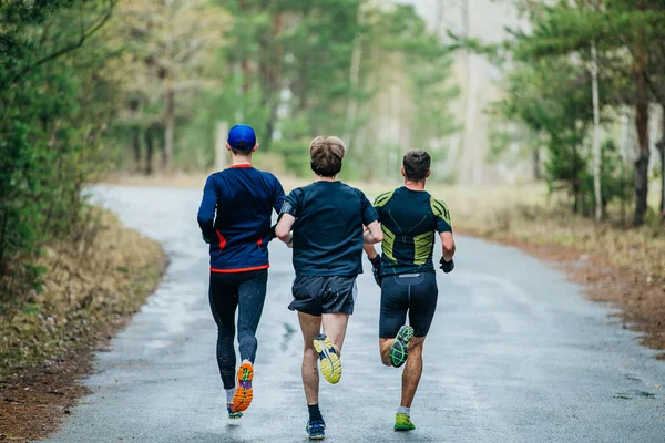Large group of runners men middle-aged and young run through Park ...