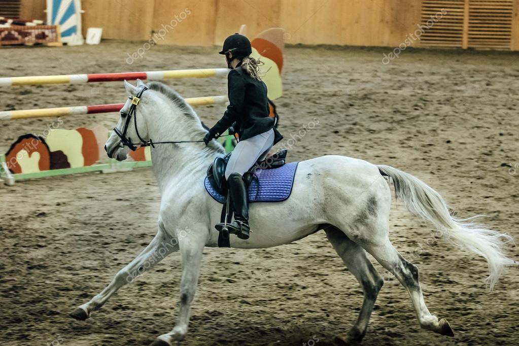 Young female rider on white horse — Stock Photo © sportpoint #92462134