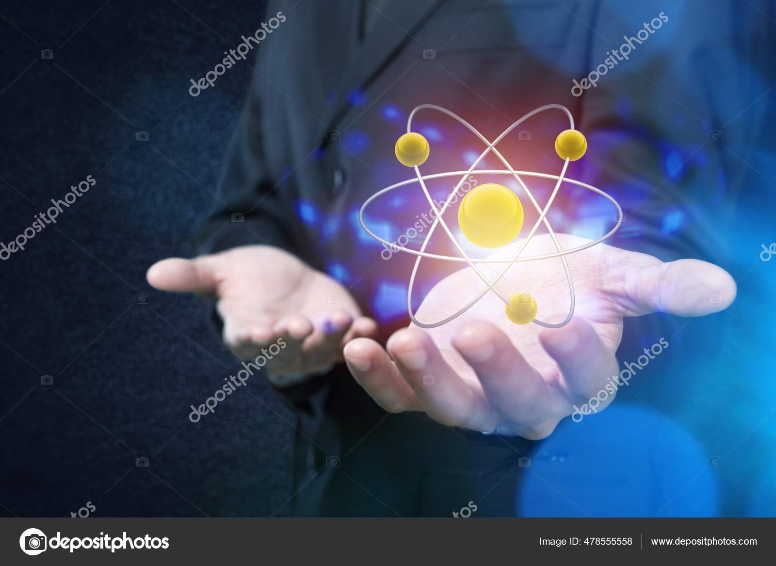 Man Hand Hovering Glowing Gold Blue Atom Model Blurred Dark — Stock ...