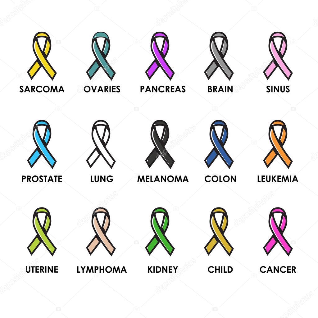 Iconos de diferentes lazos de conciencia del cáncer de color. Dibujo ...