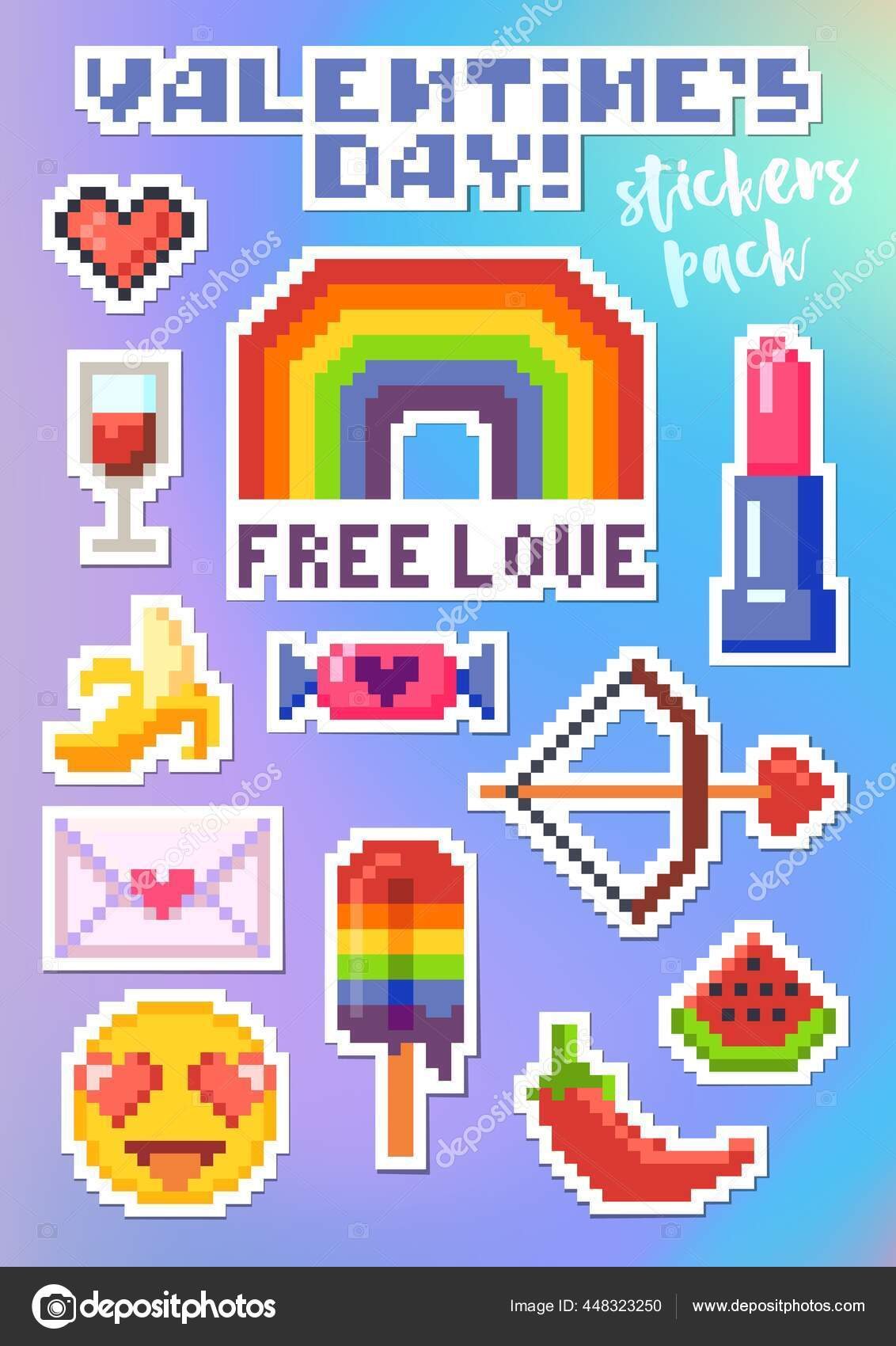 Set of stickers for Valentines Day. Pixel art. Stock Vector Image by ...